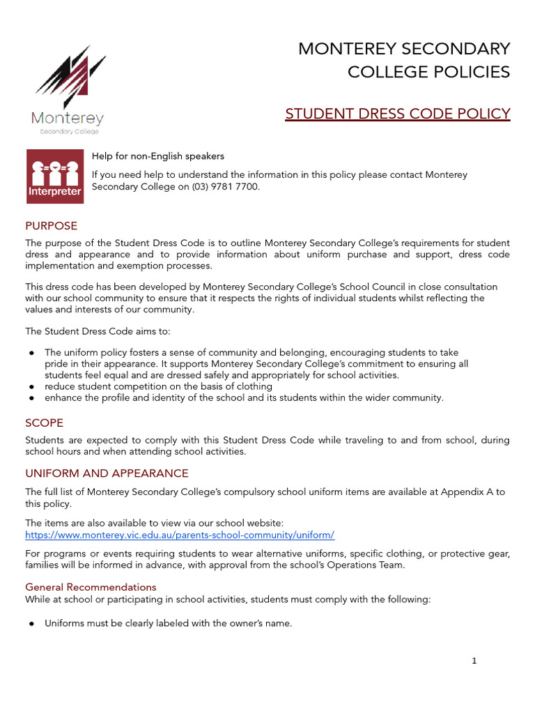 Monterey Secondary College Dress Code | PDF | Shoe | Sock