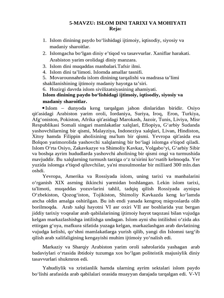 5-Mavzu Islom Dini Tarixi Va Mohiyati | PDF