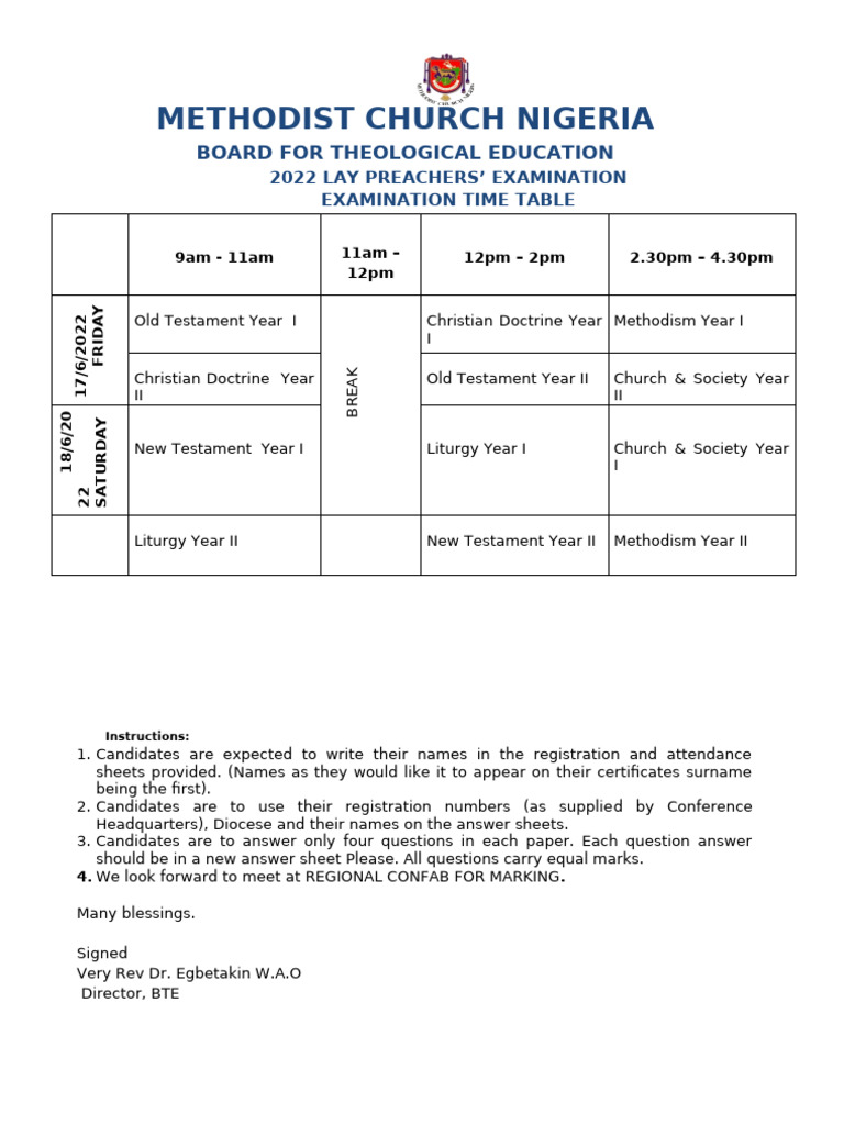 Lay Preacher Exam Time Table | PDF