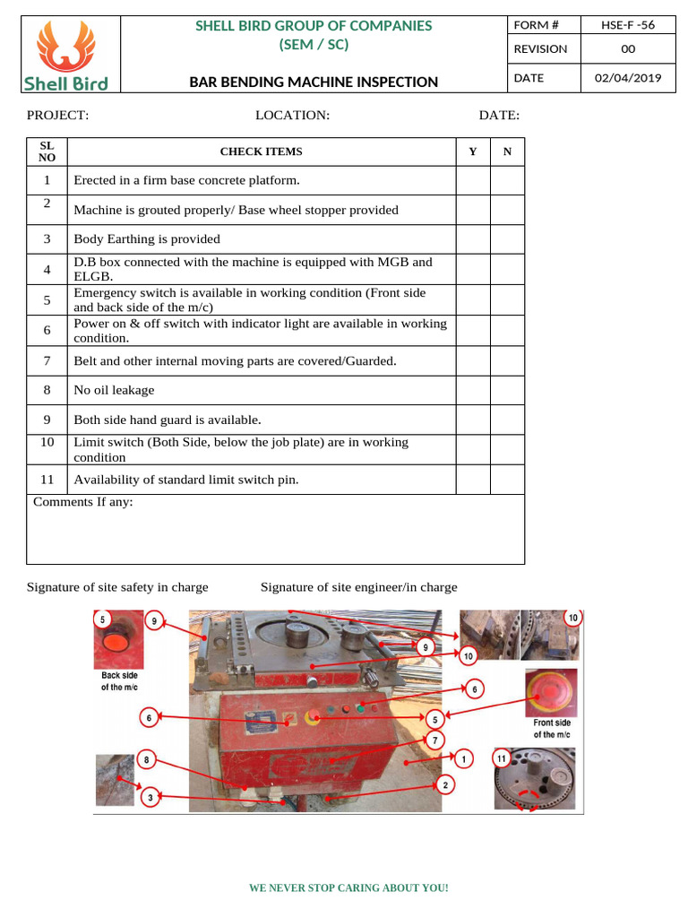 Bar Bending Machine Inspection Checklist | PDF