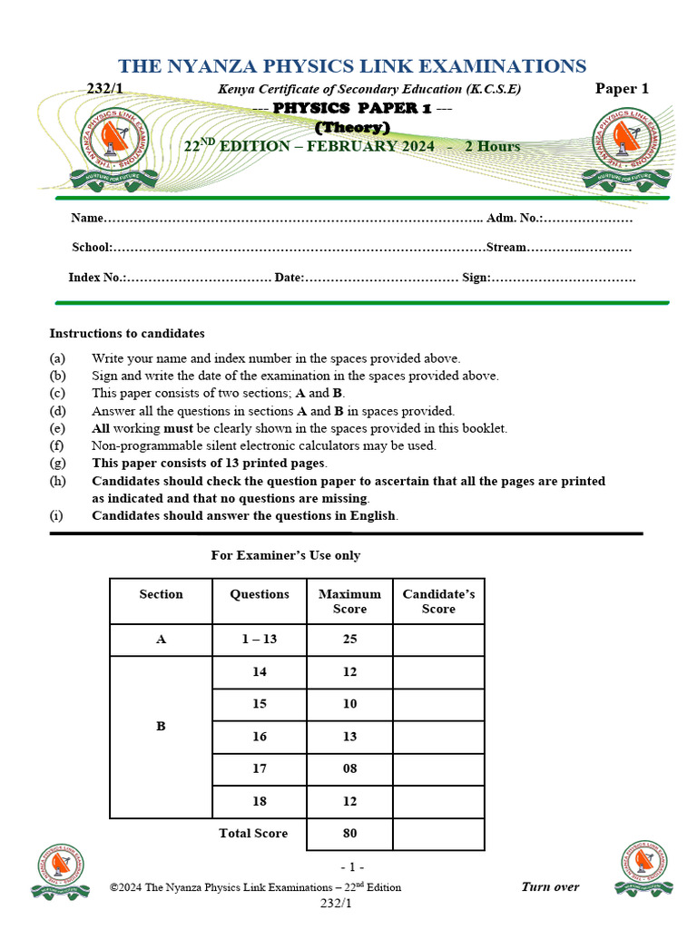 Nyple 22ND Ed Phy PP1 Q 2024 | PDF | Gases | Pressure Measurement