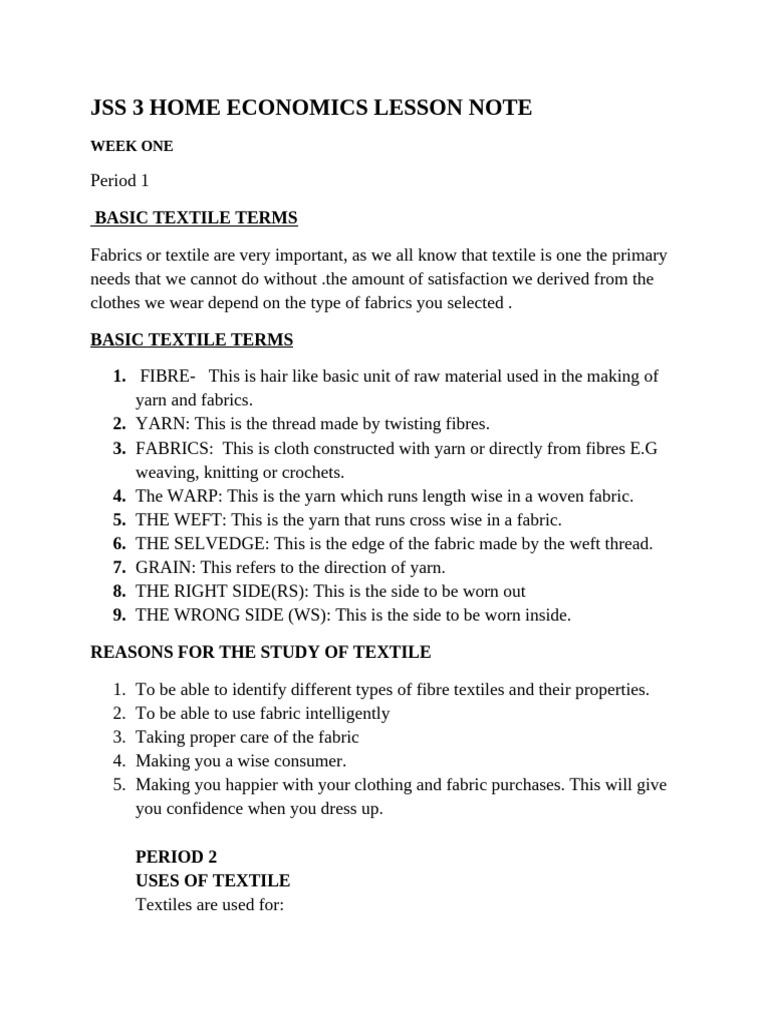 JSS 3 Home Economics: Textile Basics | PDF | Yarn | Textiles