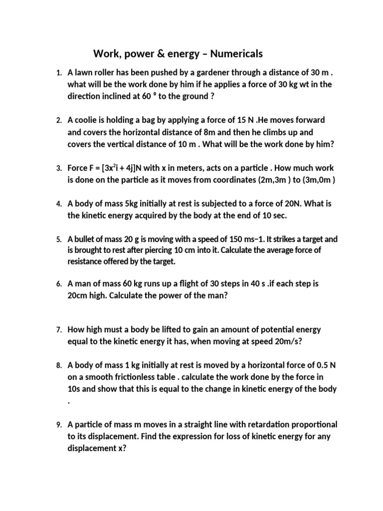 work power energy numericals | PDF | Force | Motion (Physics)