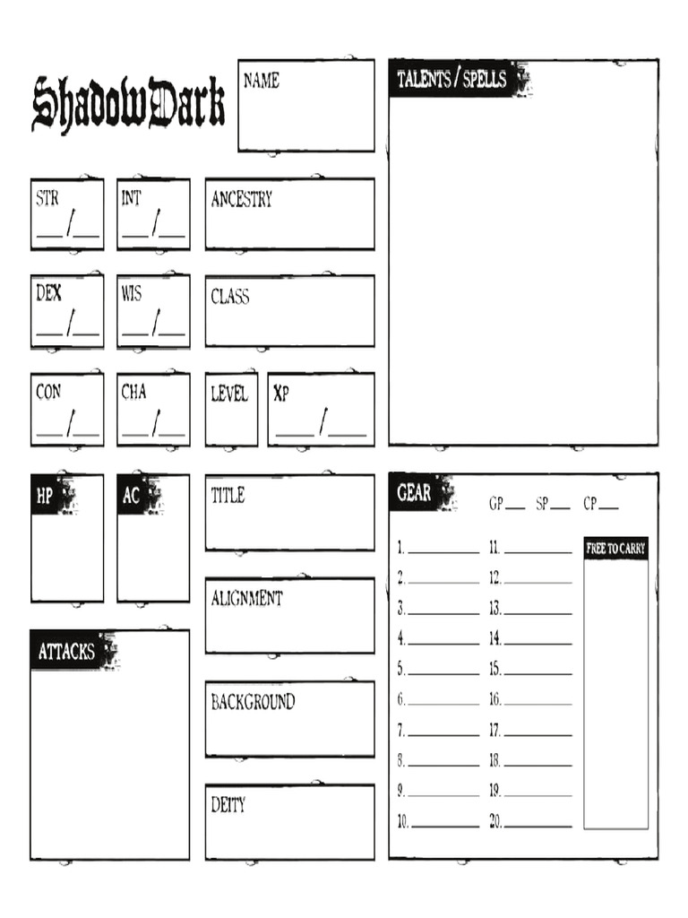 Character Sheet (Fillable) -Shadowdark | PDF