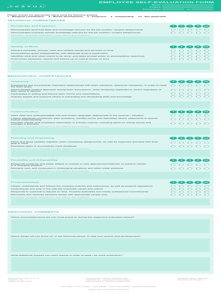 Employee Self-Evaluation Form | PDF | Knowledge | Learning