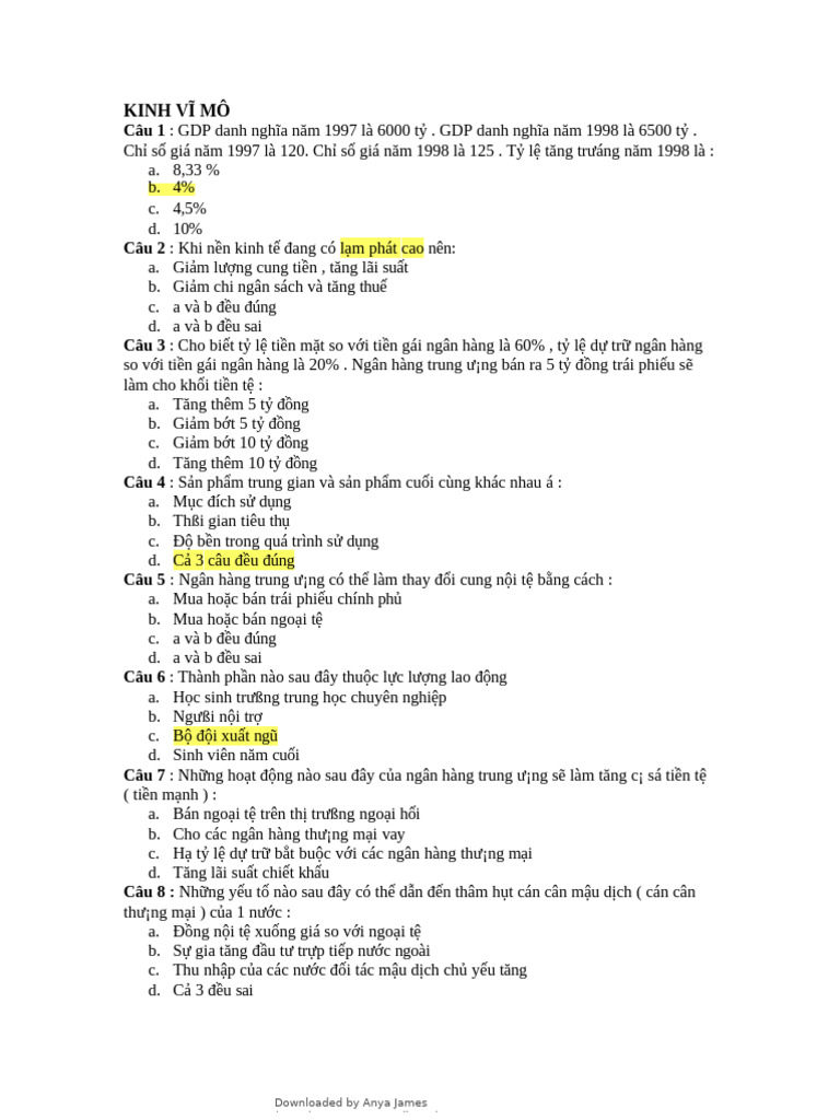 KTVM de Thi TN Kinh Te VI Mo Co Dap An | PDF