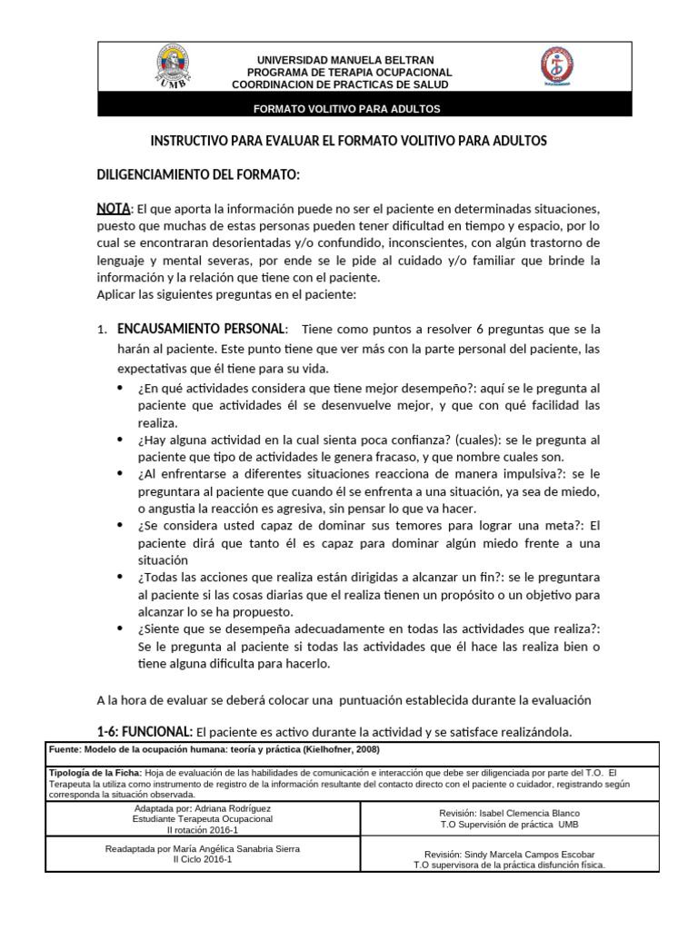 Formato de Volicion | PDF | Terapia ocupacional | Sicología