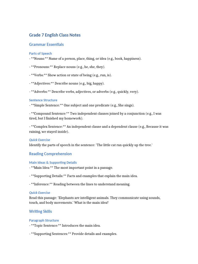 Grade 7 English Grammar and Writing Guide | PDF