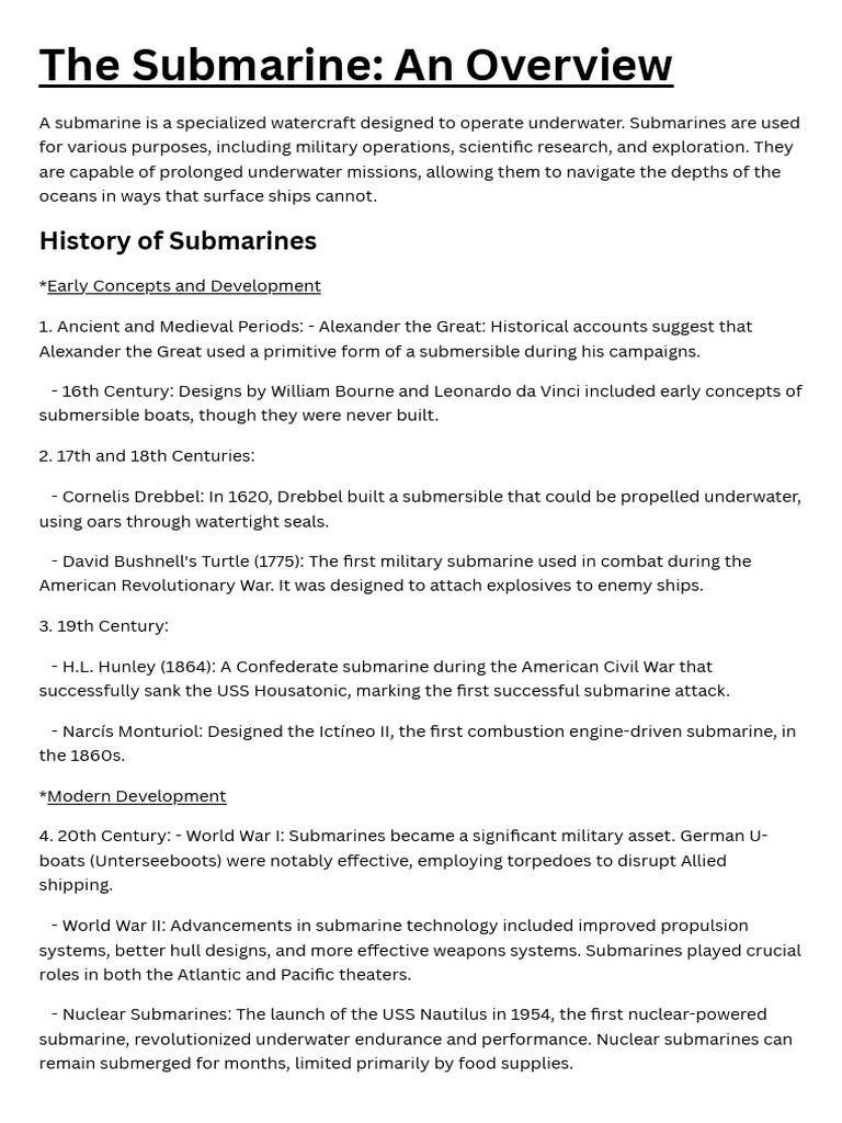 Submarine An Overview - 20240621 - 092049 - 0000 | PDF | Submarines | Buoyancy