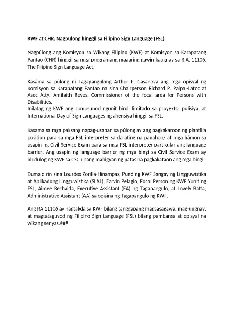 KWF-at-CHR-Nagpulong-hinggil-sa-Filipino-Sign-Language-FSL | PDF