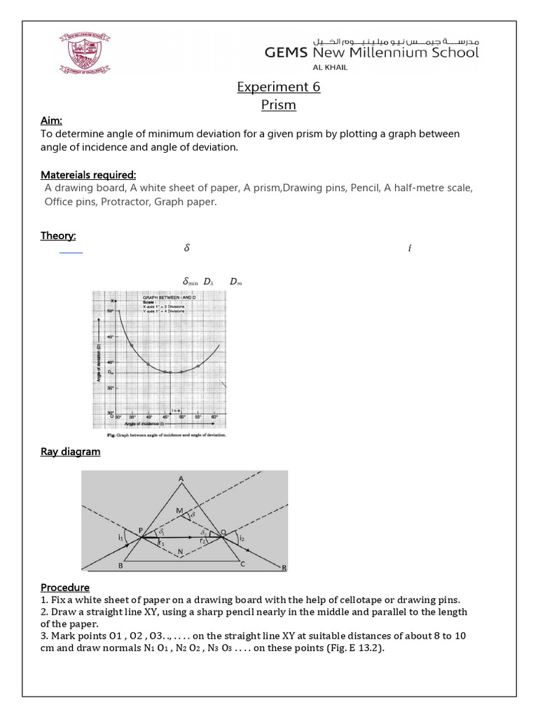 Minimum Deviation in Prism Experiment | PDF | Angle