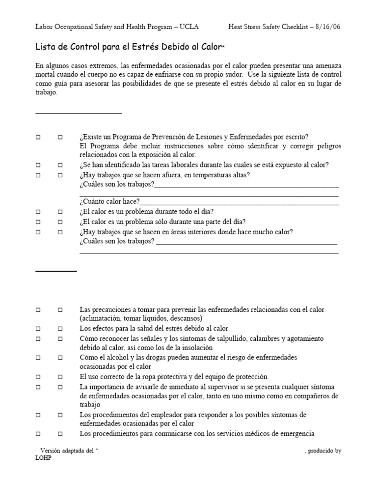 Heat Stress Checklist Spanish | PDF | Estrés (biología) | Calor