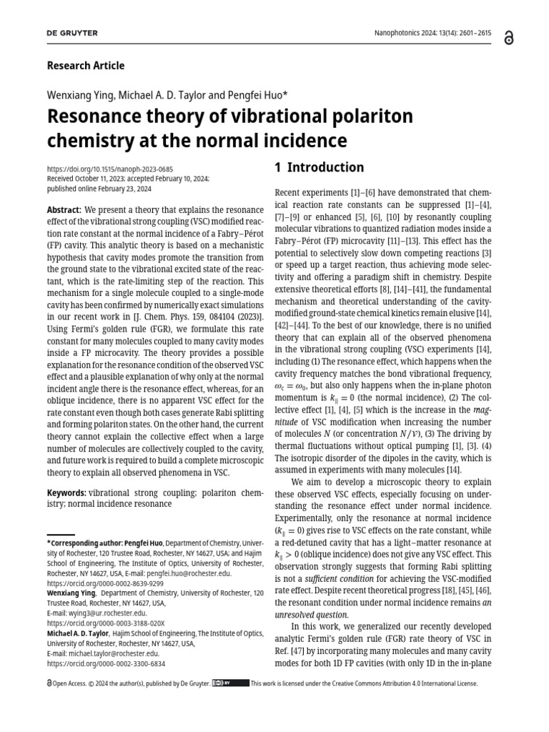 2024a - Resonance Theory of Vibrational Polariton Chemistry at The Normal Incidence | PDF ...