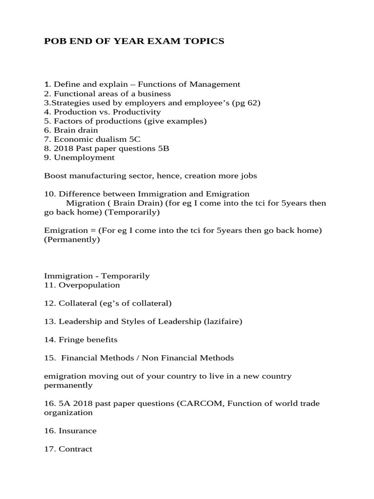 Pob End of Year Exam Topics | PDF