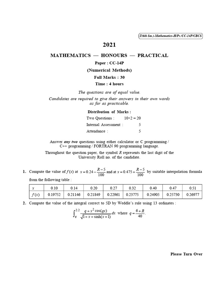 CU-2021 B.Sc. (Honours) Mathematics Semester-VI Paper-CC-14P Practical QP | PDF | Numerical ...