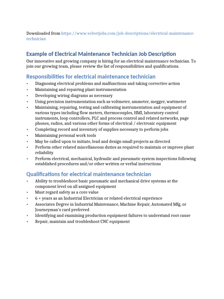 Electrical Maintenance Technician v1 | PDF