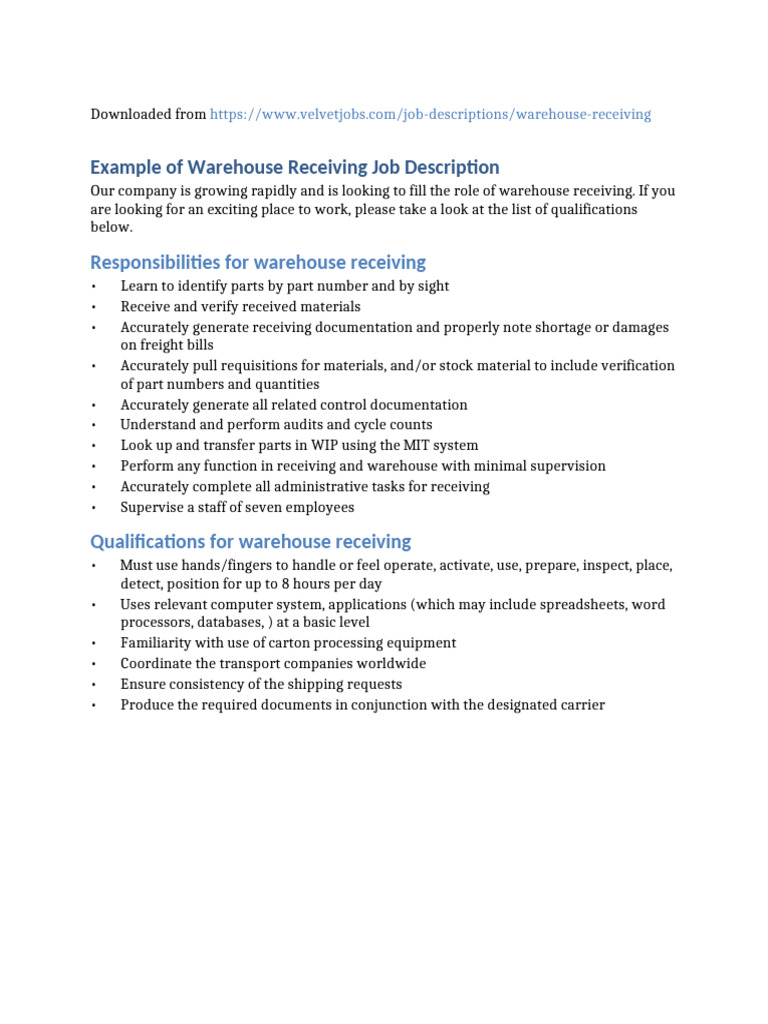 Warehouse Receiving Job Overview | PDF