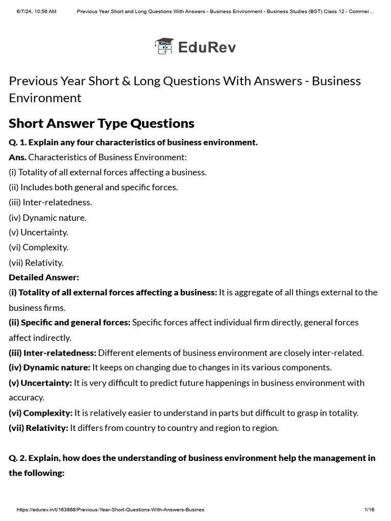 Previous Year Short and Long Questions With Answers - Business ...