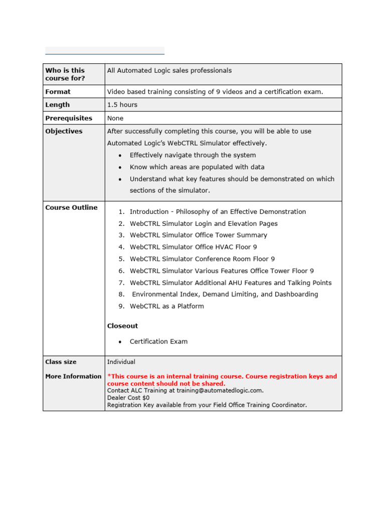 CourseDescription - WebCTRL v6.5 Simulator Sales Training | PDF