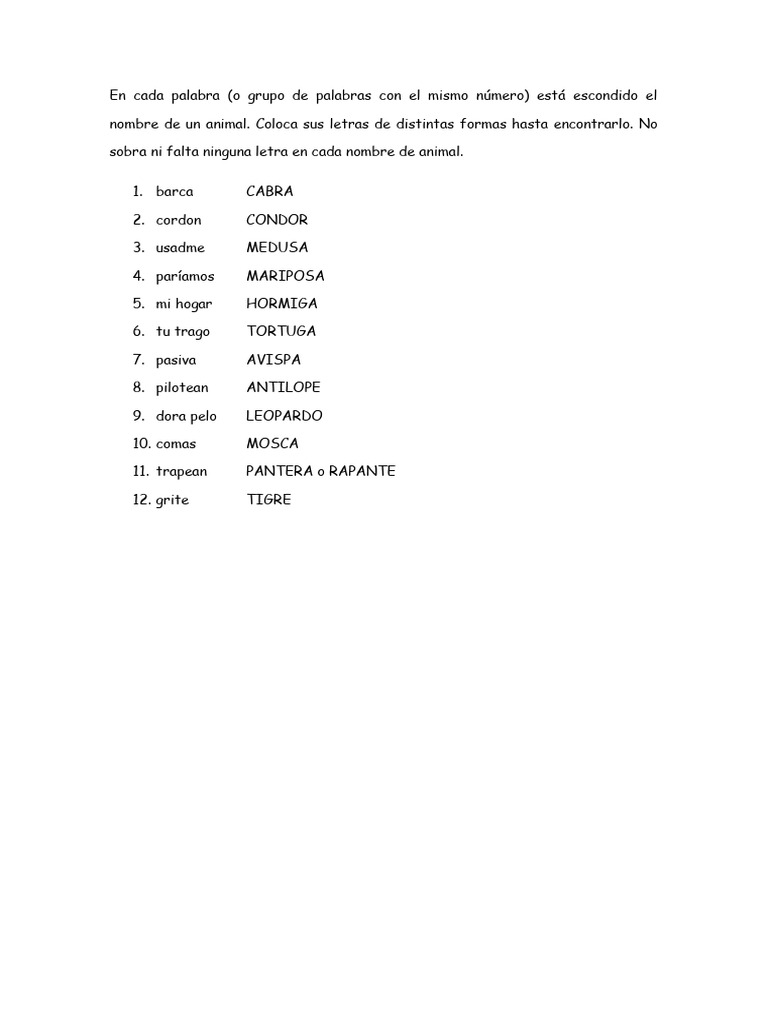 SOLUCIÓN Animales Escondidos Palabras | PDF