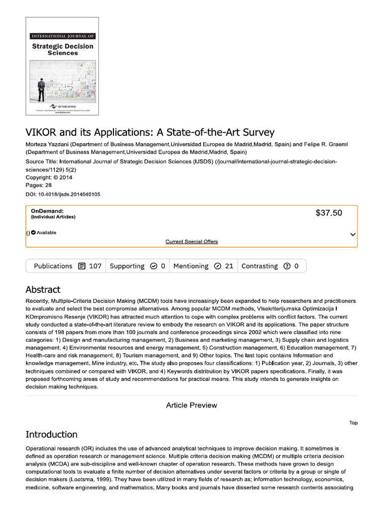 VIKOR and Its Applications A State-of-the-Art Survey | PDF