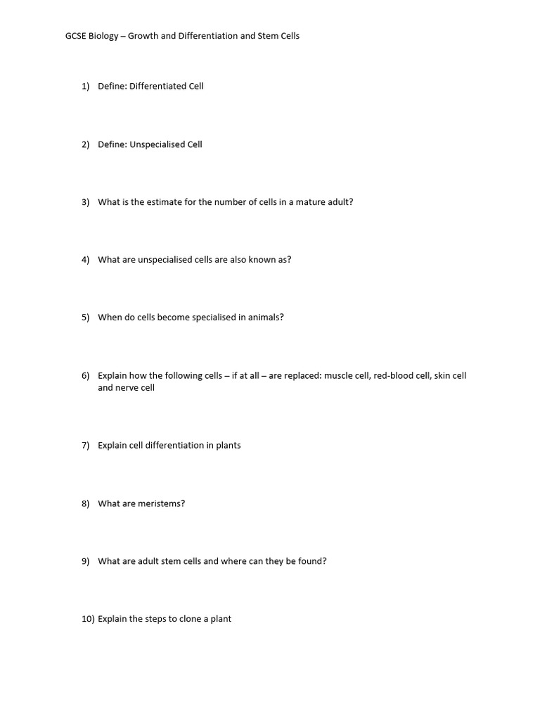 GCSE Biology: Stem Cells & Differentiation | PDF