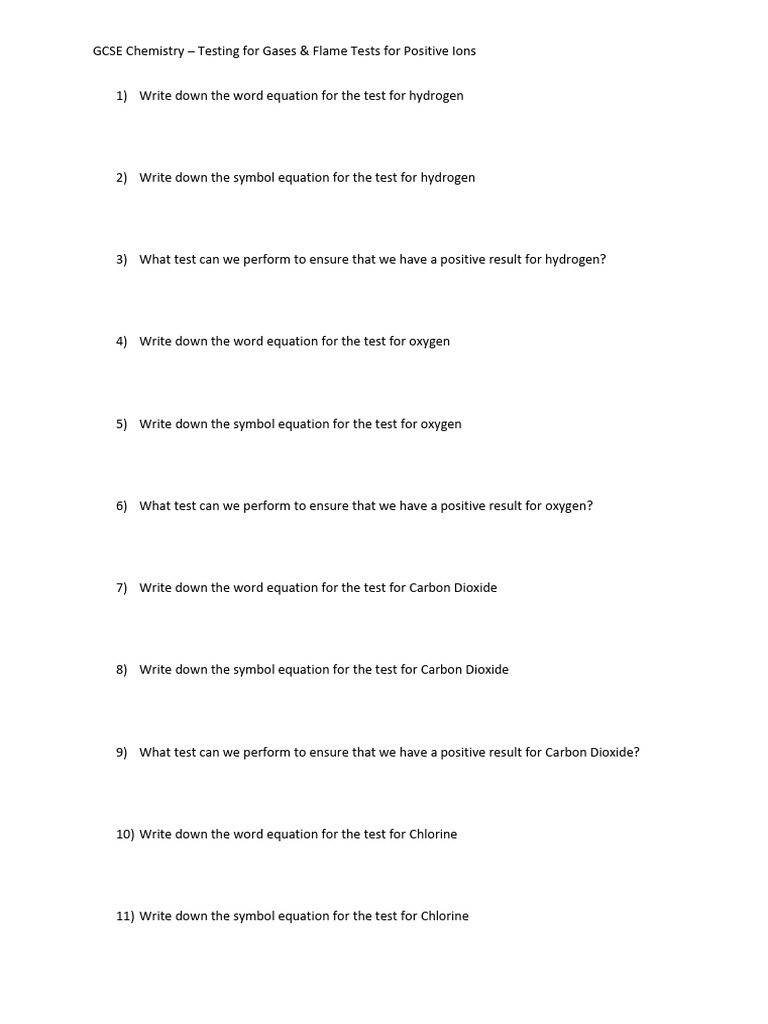 GCSE Chemistry - Test For Gases & Flame Tests | PDF