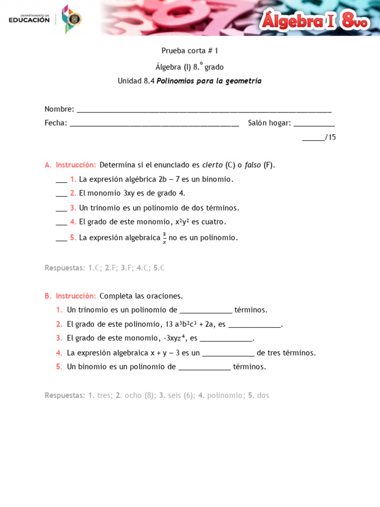 Prueba Corta Polinomios | PDF