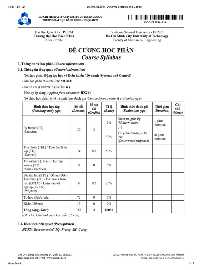 ME3011 Dynamic Systems and Control | PDF