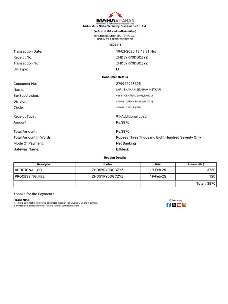 LOAD CHANGE Payment Receipt Metkari | PDF | Receipt | Payments