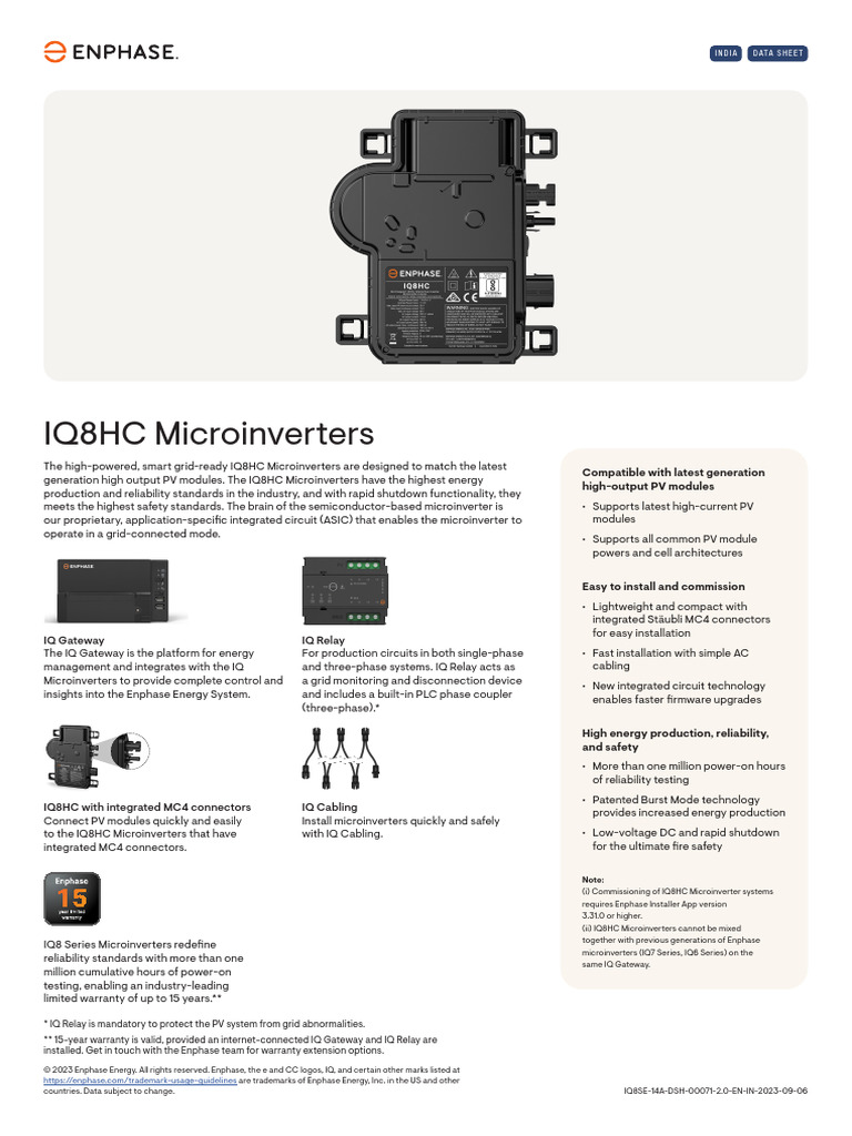Enphase Iq 8 HC Microinverter With Q Cable | PDF | Photovoltaic System ...