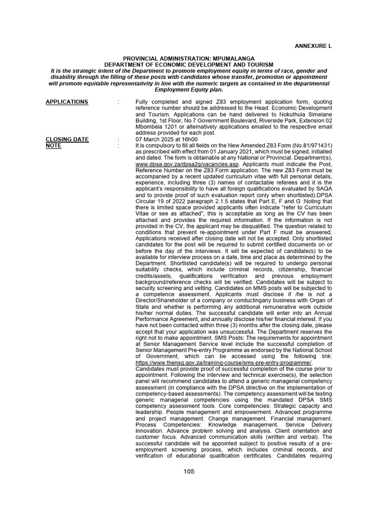 Annexure L Provincial Administration: Mpumalanga Department of Economic Development and Tourism ...
