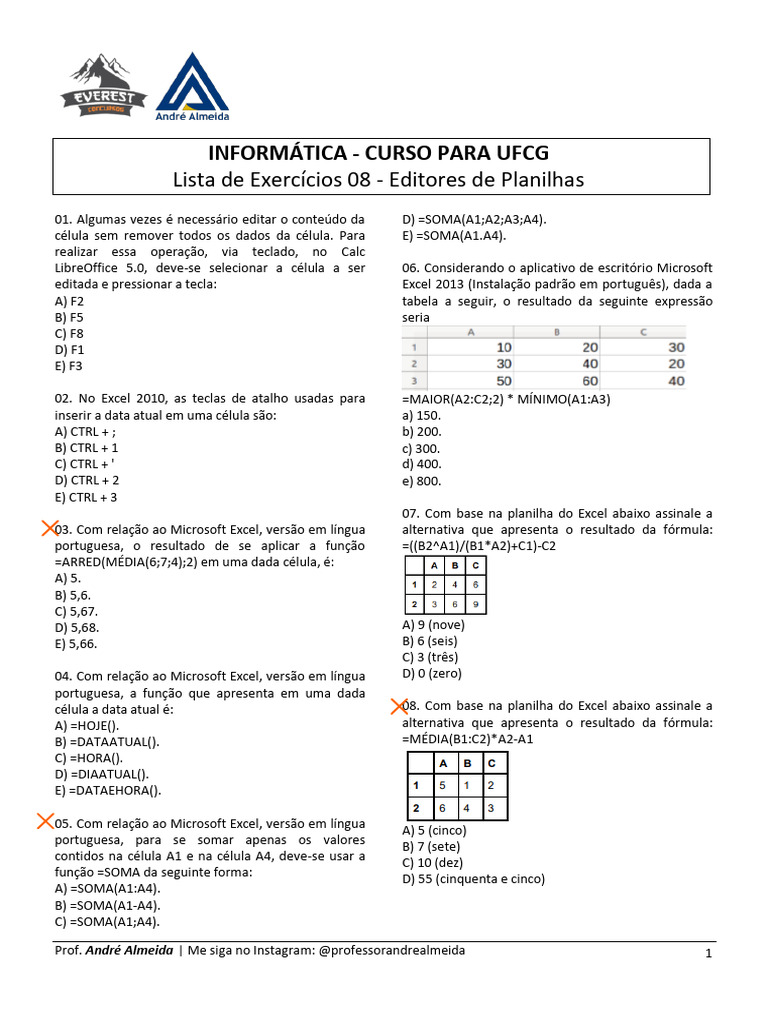 Exercícios de Excel e Calc para UFCG | PDF | Microsoft Excel | Microsoft