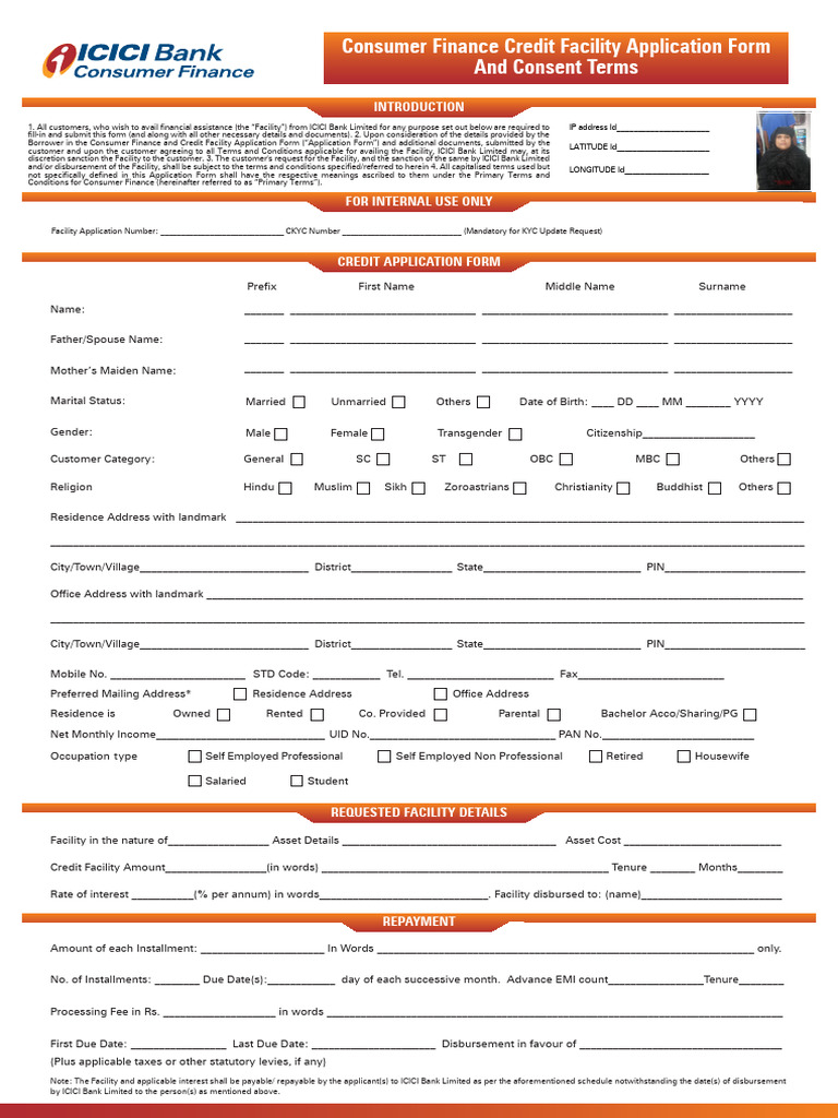 Consumer Finance Credit Facility Form | PDF | Identity Document | Banks
