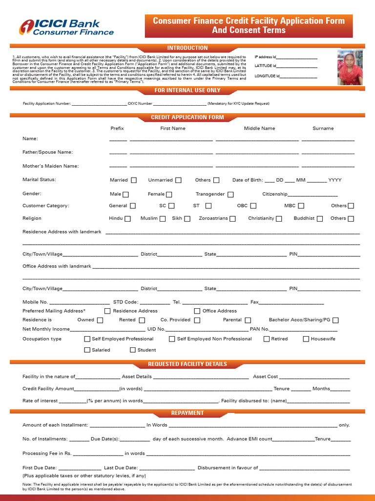 Consumer Finance Credit Facility Form | PDF | Identity Document | Banks
