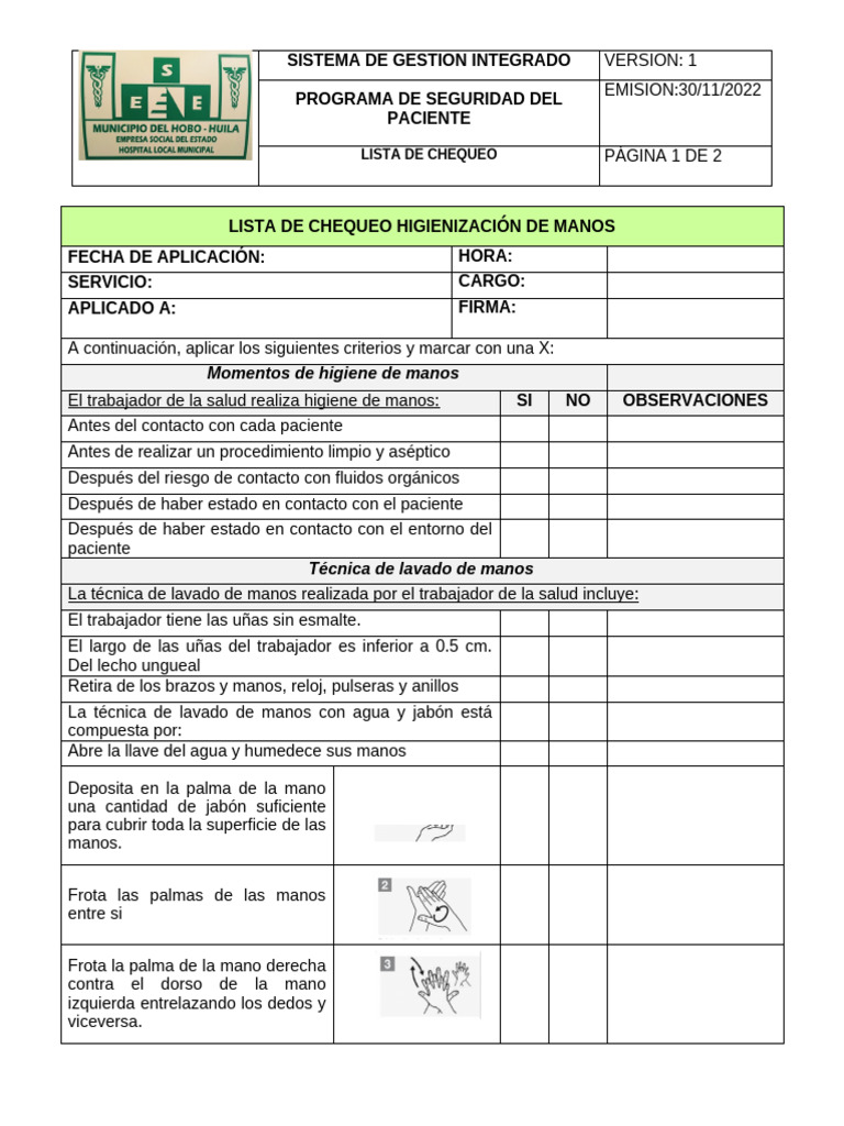 LISTA DE CHEQUEO HIGIENE DE MANOS | PDF | Lavado de manos | Mano