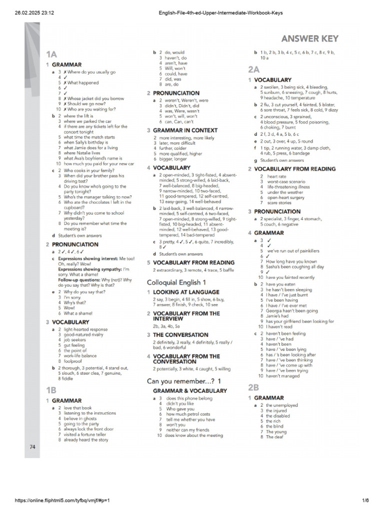 English File 4th Ed Upper Intermediate Workbook Keys | PDF