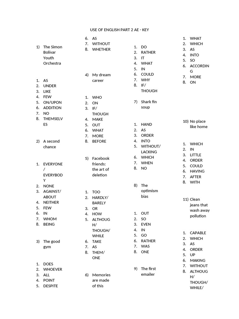 USE OF ENGLISH Part 2 AE KEY | PDF