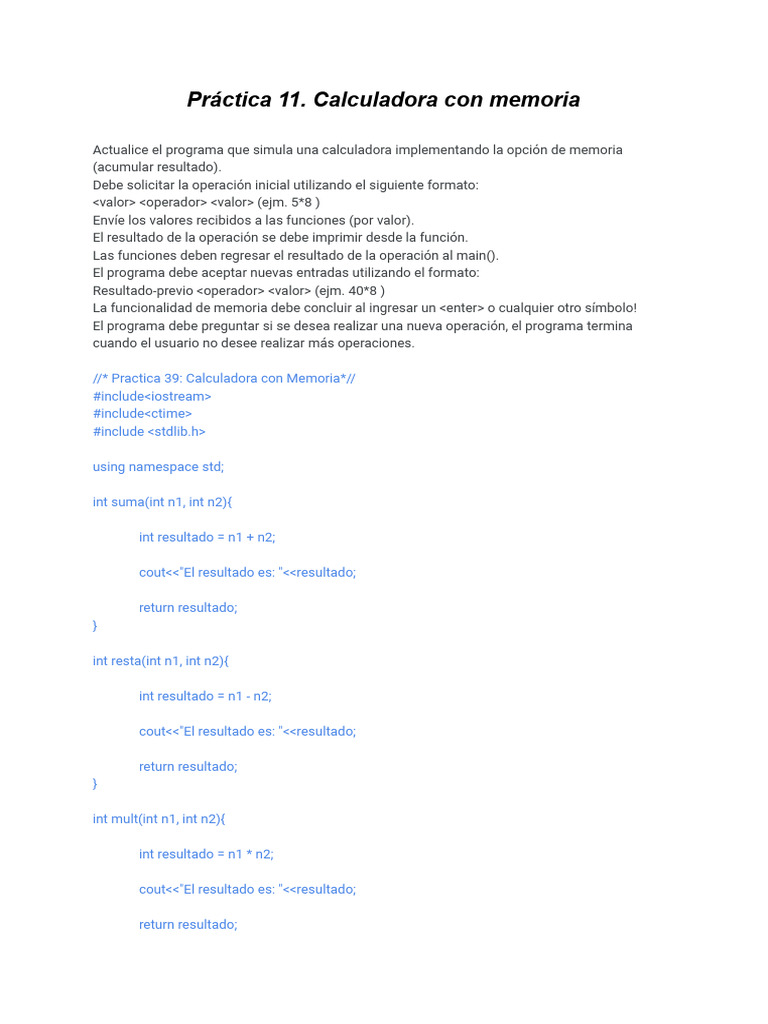 Práctica 11. Calculadora Con Memoria | PDF | Programación de computadoras | Ingeniería Informática