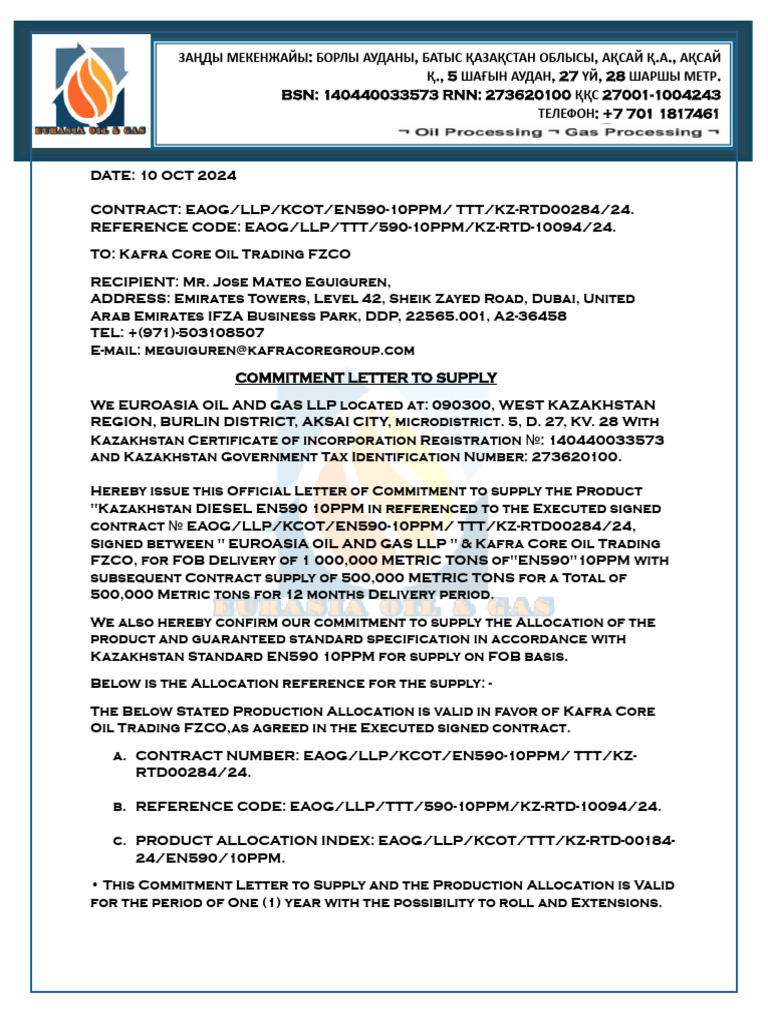 Commitment Letter for EN590 Supply | PDF