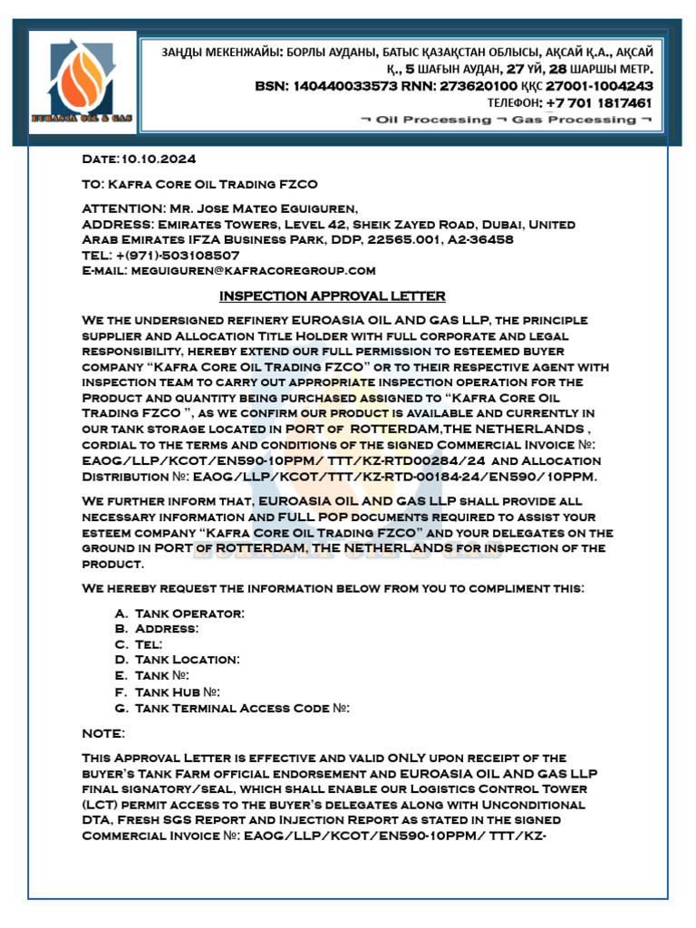 Euroasia Oil and Gas LLP - Inspection Approval Letter | PDF