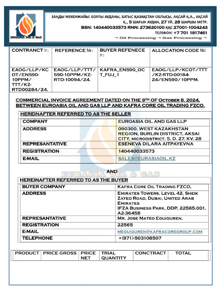 Euroasia Oil and Gas LLP - Commercial Invoice Agreement | PDF