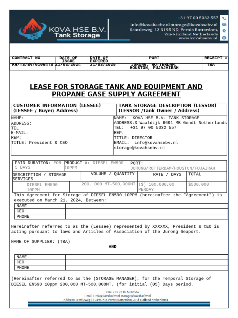 Kova Hse B.V Tank Storage - Lease For Storage Tank and Equipment and ...