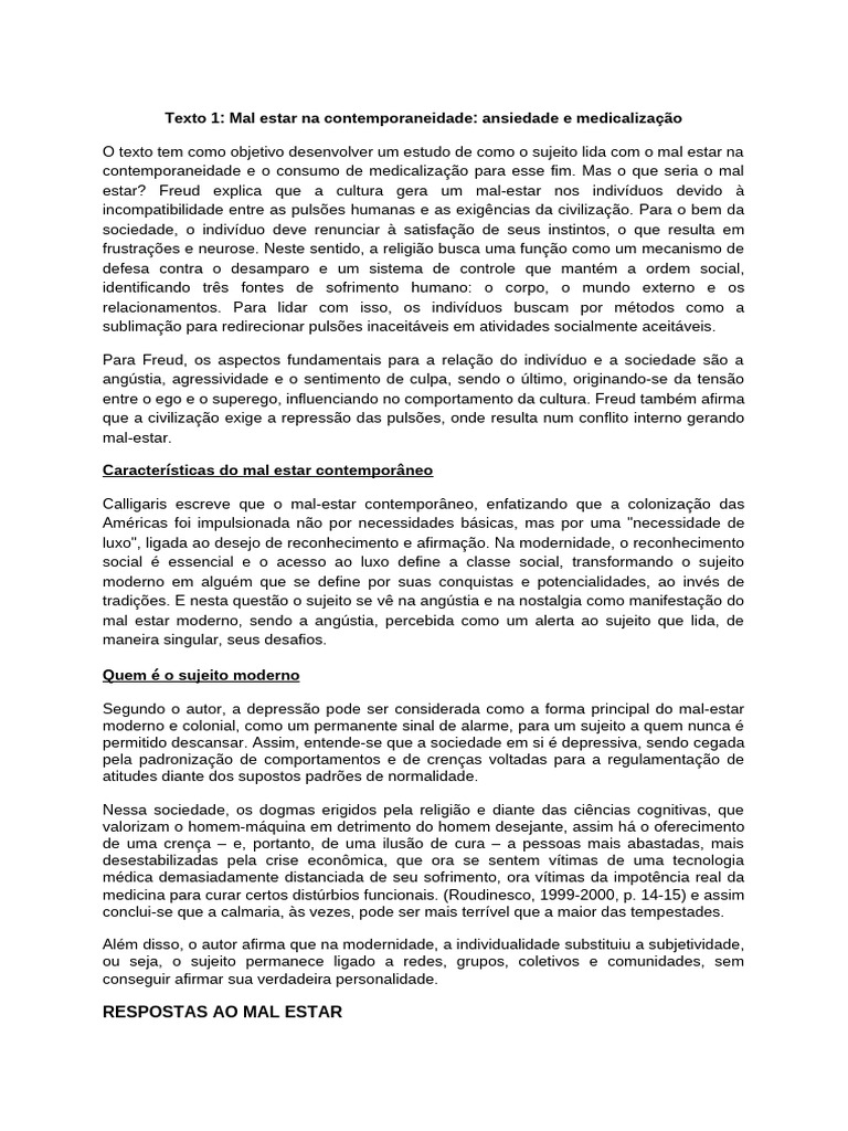 Mal-estar contemporâneo e ansiedade | PDF | Sigmund Freud | Autoimagem