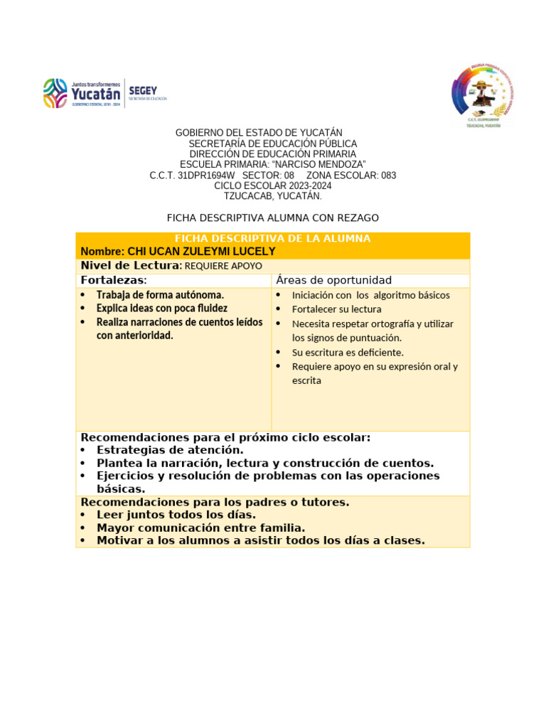 FICHA DESCRIPTIVA GRUPAL Y DE ALUMNOS CON REZAGO | PDF | Educación primaria | Aprendizaje