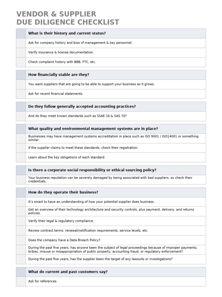 Vendor Due Diligence Checklist Guide | PDF