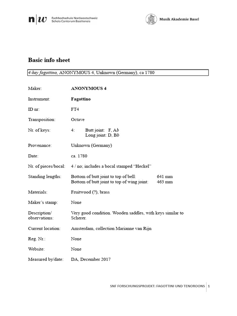 FT4.Basic Info Sheet - Anonymous4 - 4 Key - Fagottino | PDF