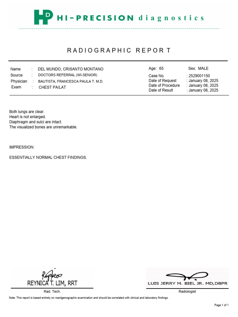 Normal Chest X-Ray Report Summary | PDF