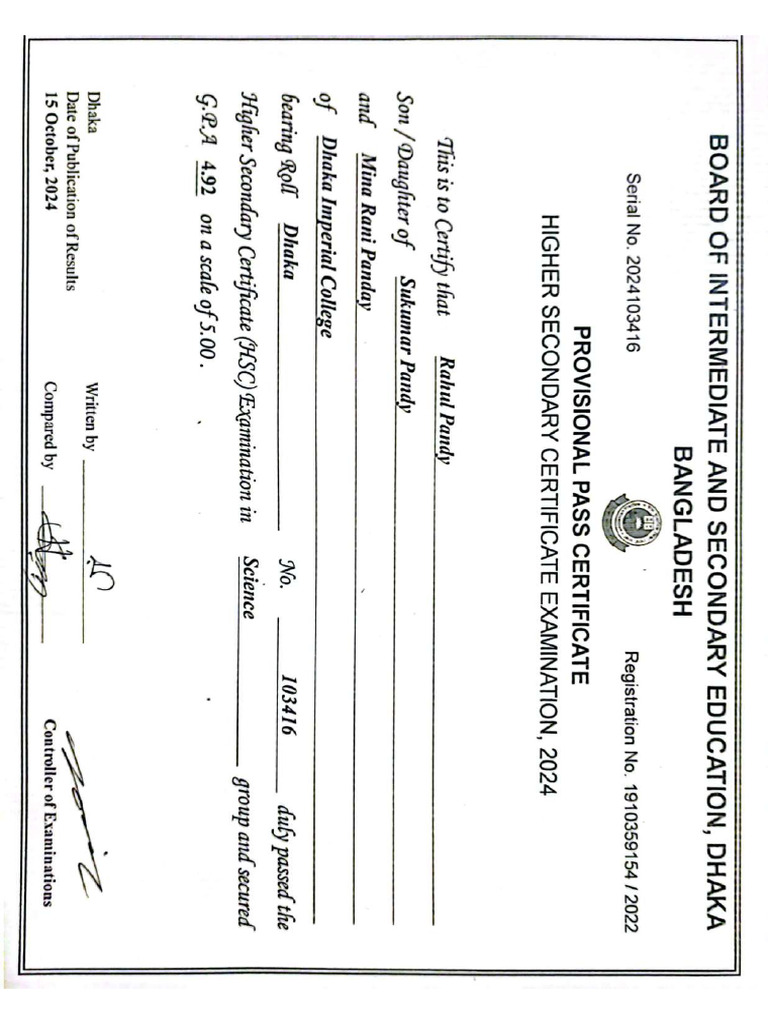 HSC 2024 Provosional Certificate | PDF