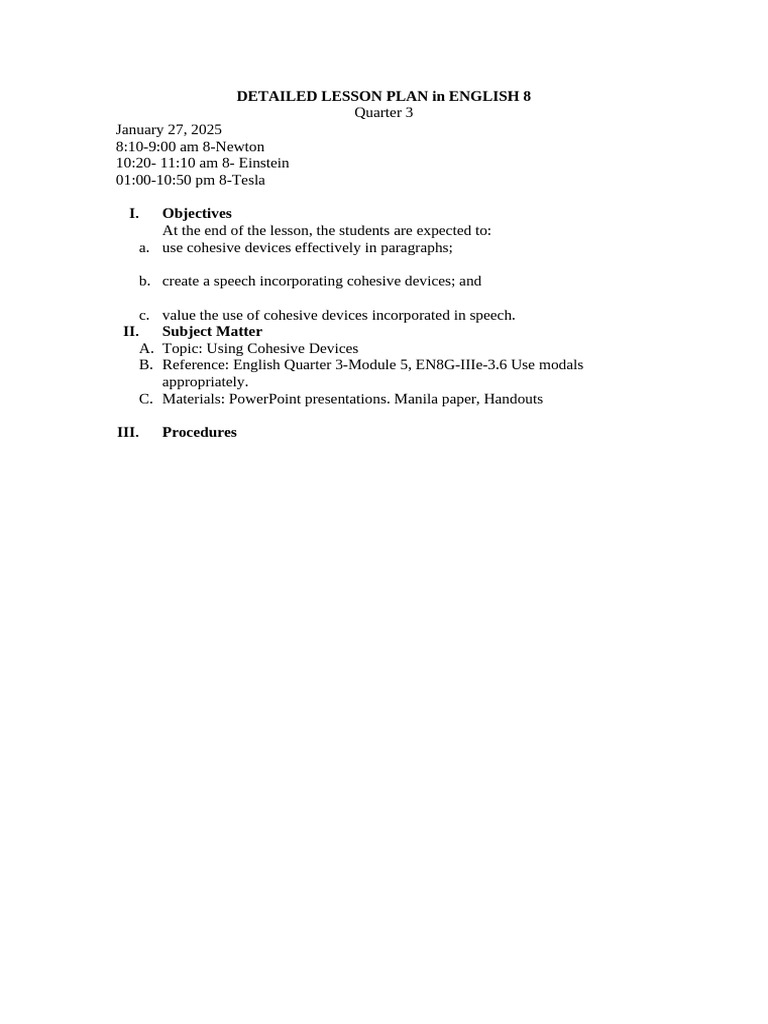 Cohesive Devices Lesson Plan for Grade 8 | PDF | Learning